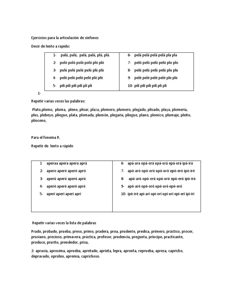 Ejercicios para La Articulación de Sinfones | PDF | Artes del Lenguaje ...
