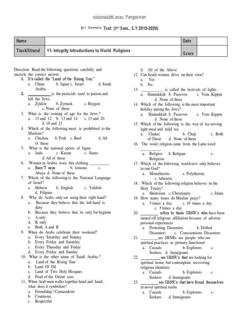 Summative Test World Religion | PDF
