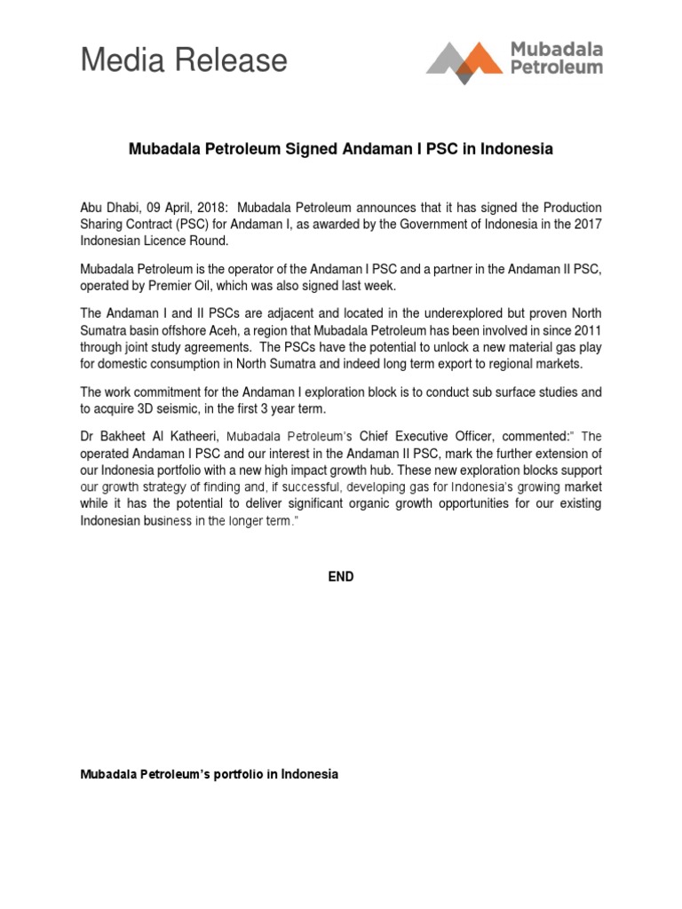 09-04-18-Mubadala-Petroleum-Release - Andaman-Psc Signed | PDF