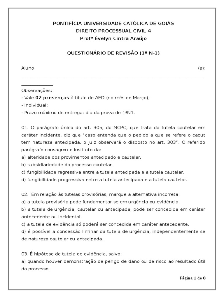Questionário Revisão 1 N1 - 2020-1 DPC 4 | PDF