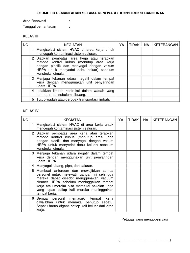 Form IRCA Selama Renovasi | PDF