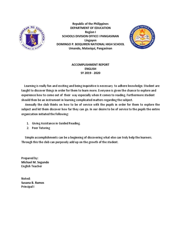 Accomplishment Report English Club | PDF