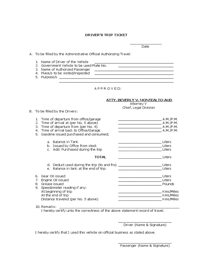 Driver's Trip Ticket | PDF