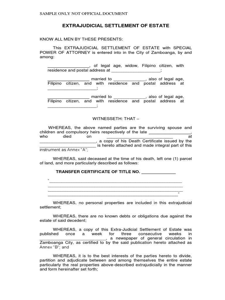Sample Extrajudicial Settlement Document | PDF | Finance & Money ...