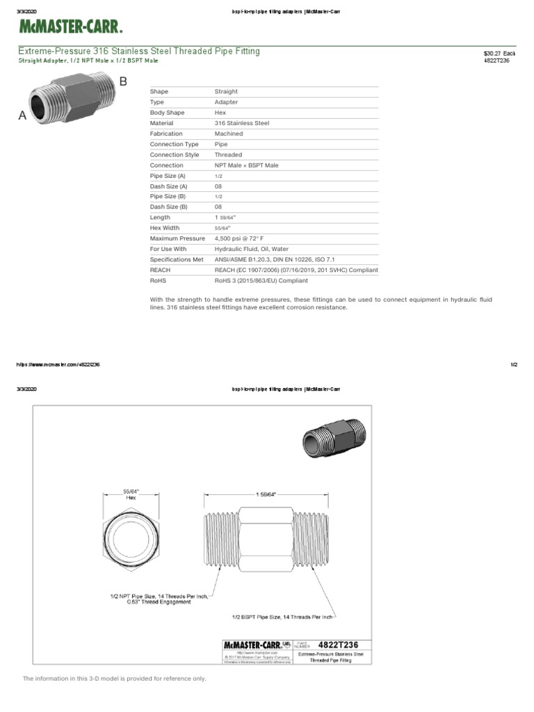 Extreme-Pressure 316 Stainless Steel Threaded Pipe Fitting Adapter for ...
