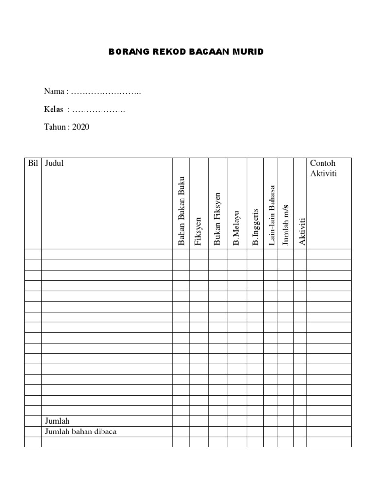 BORANG REKOD BACAAN MURID Nilam | PDF