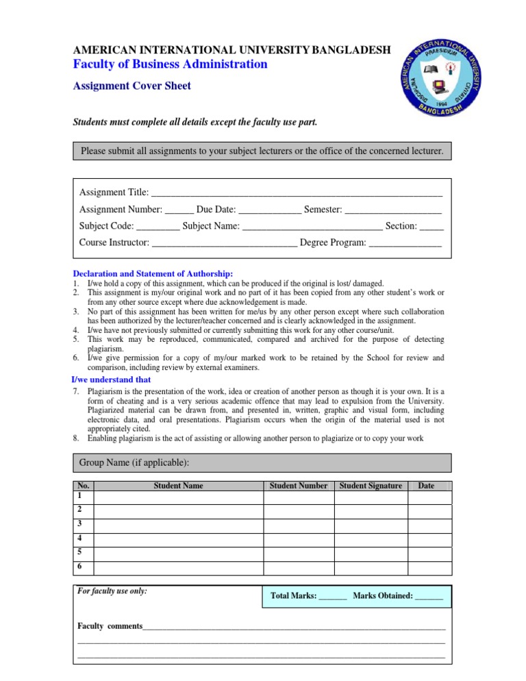 AIUB Assignment Cover Sheet | PDF | Plagiarism | Academia