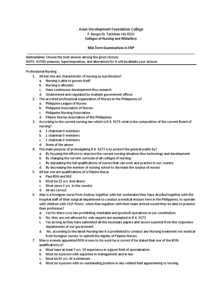 FNP Midterm Exam 2018 | PDF