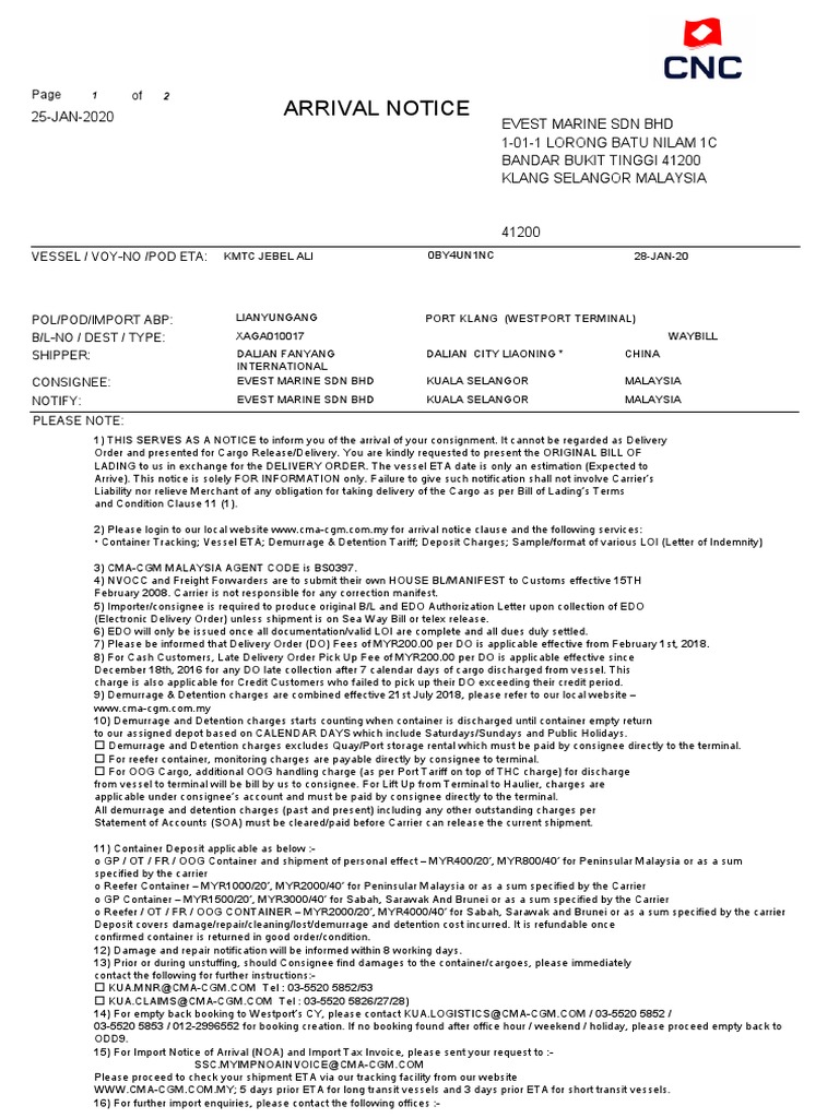 Arrival notice for wooden furniture shipment from China | PDF