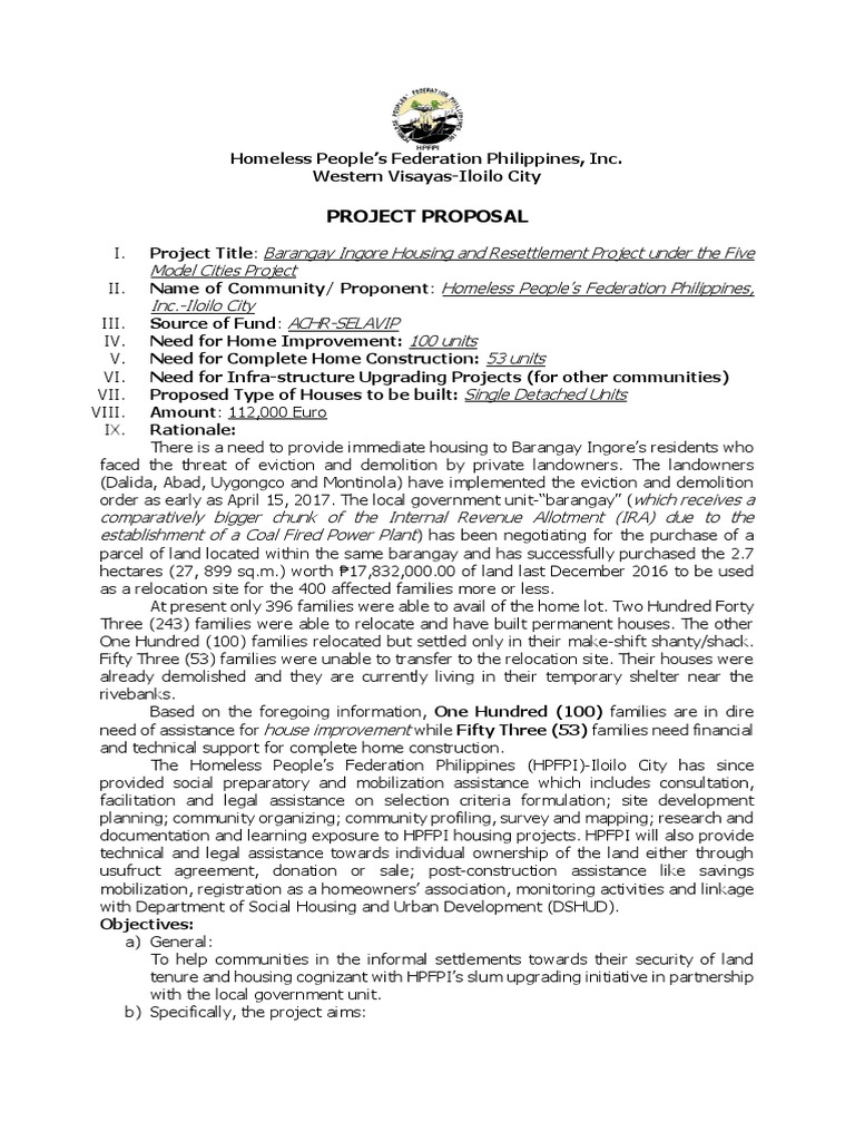 Project Proposal-Brgy Ingore Housing and Resettlement Project | PDF