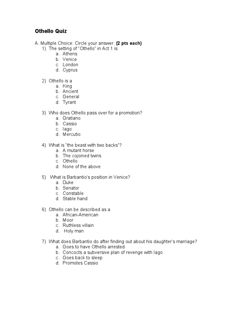 Othello Quiz: MCQs and Short Answers | PDF