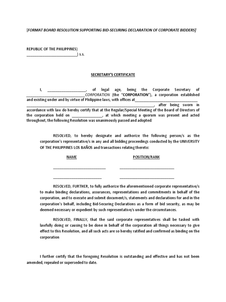Format of Board Resolution For Bid-Securing Declaration | PDF