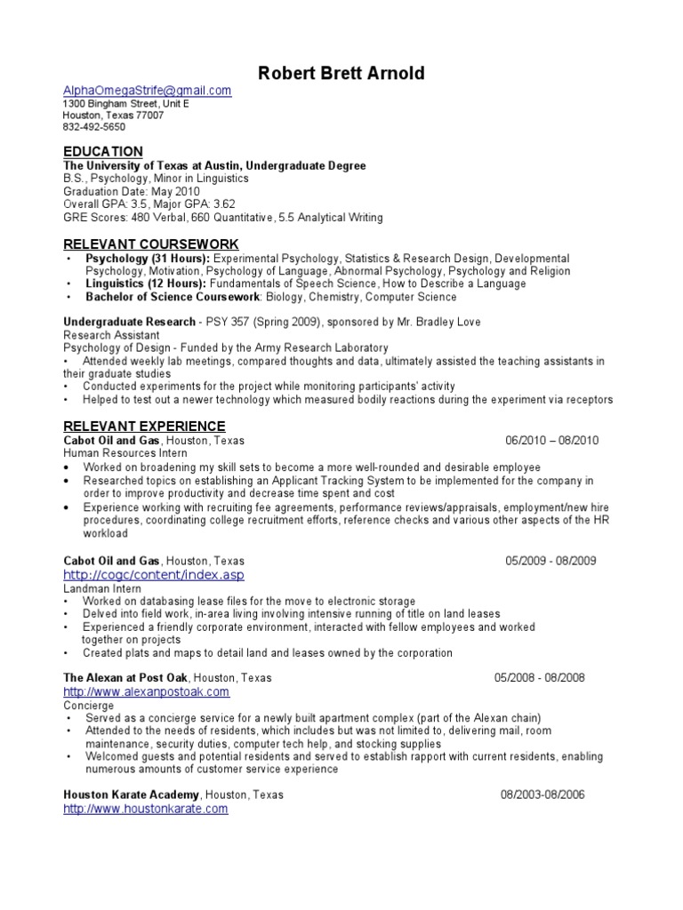 Brett Arnold's Resume | PDF | Graduate Record Examinations | Psychology