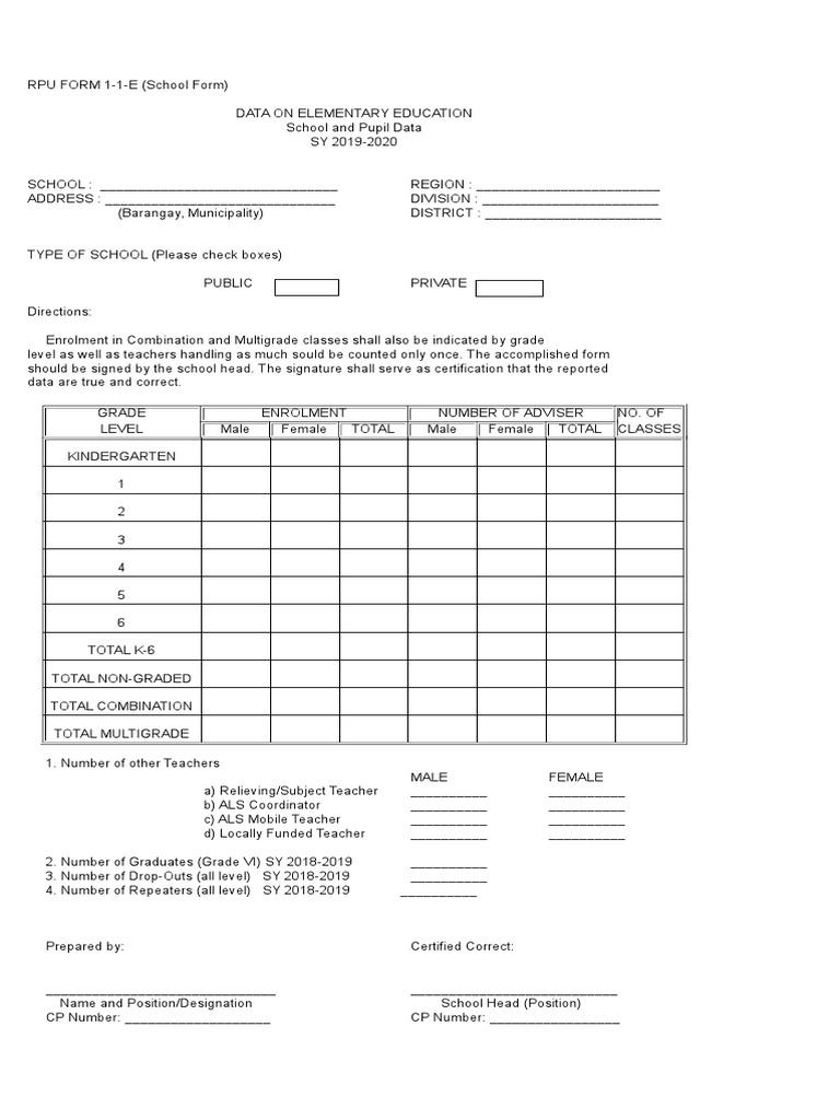 RPU FORM ENROLMENT Elementary | PDF