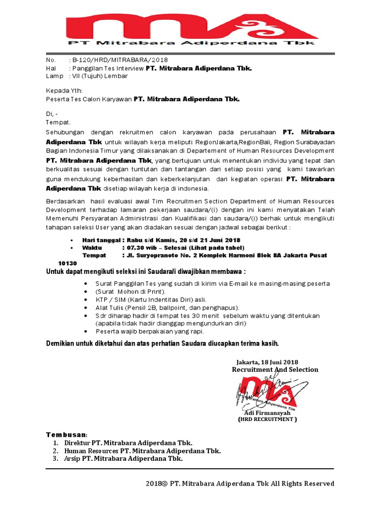 Undangan Interview PT Mitrabara Adiperdana - Jakarta | PDF | Bisnis