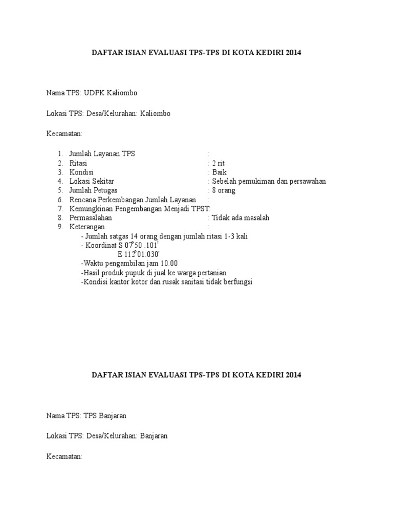 Daftar Isian Evaluasi TPS | PDF