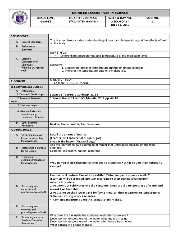 Grade 8 Physics Lesson on Phase Change | PDF