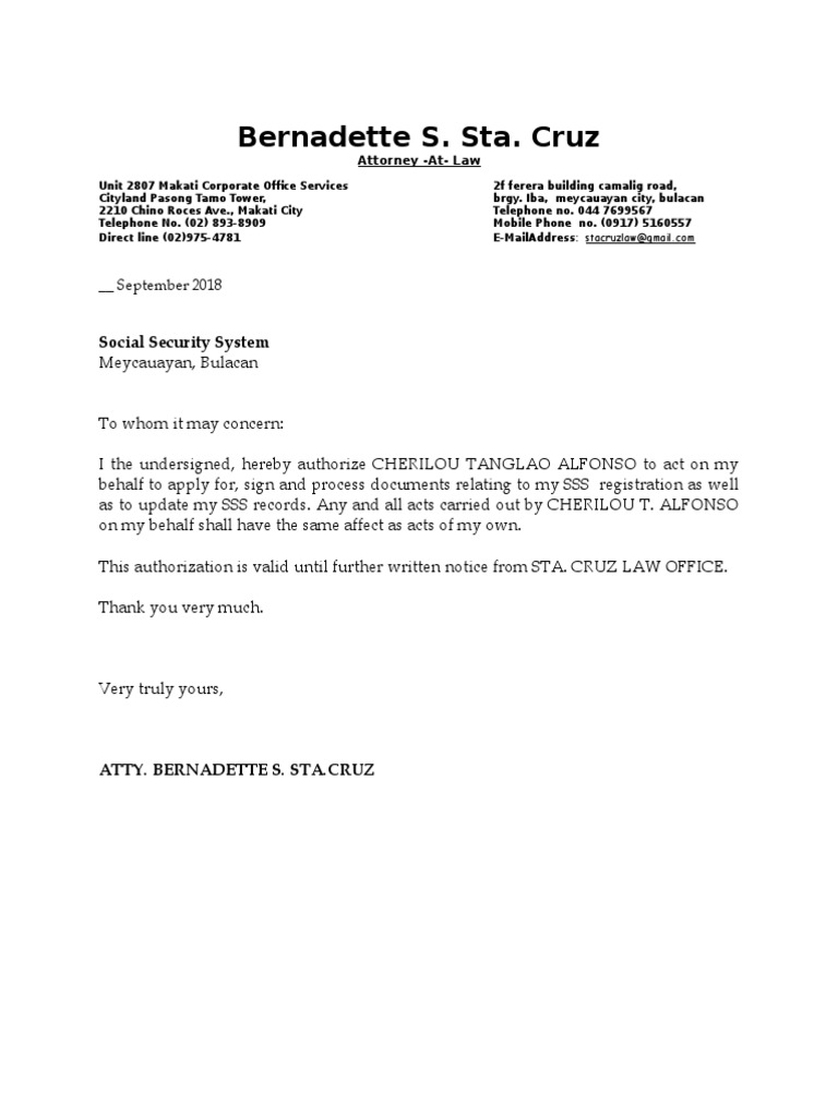 SSS Authorization Letter Sample | PDF