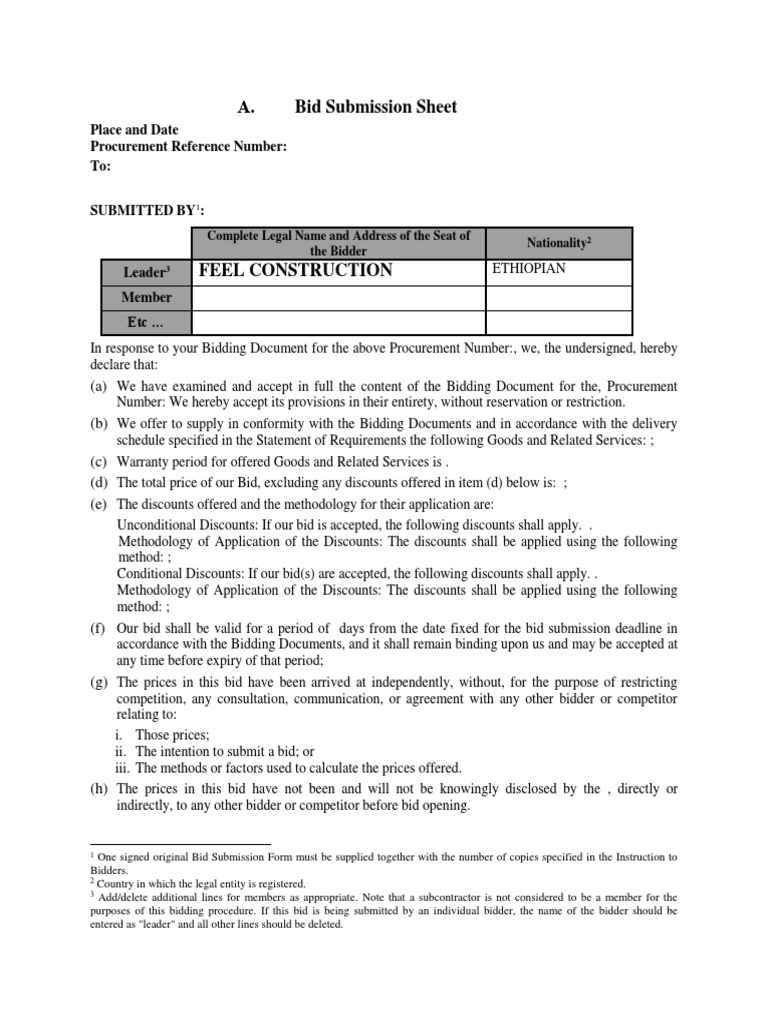 Bid Submission Sheet | PDF
