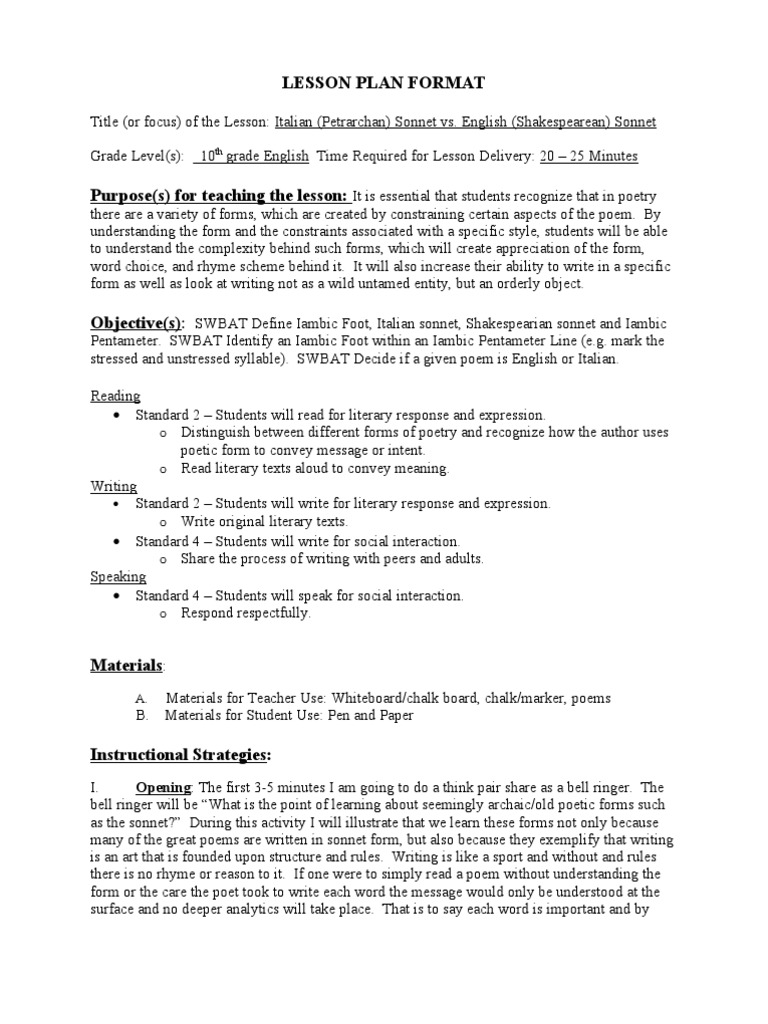 Sonnet Lesson Plan | PDF | Sonnets | Poetry