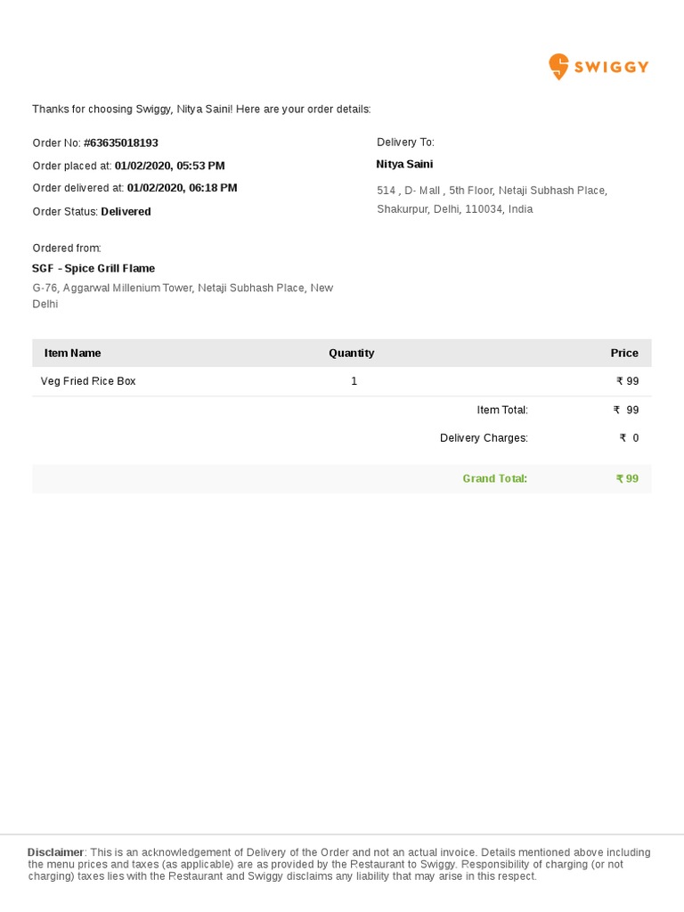 Swiggy Order Confirmation | PDF