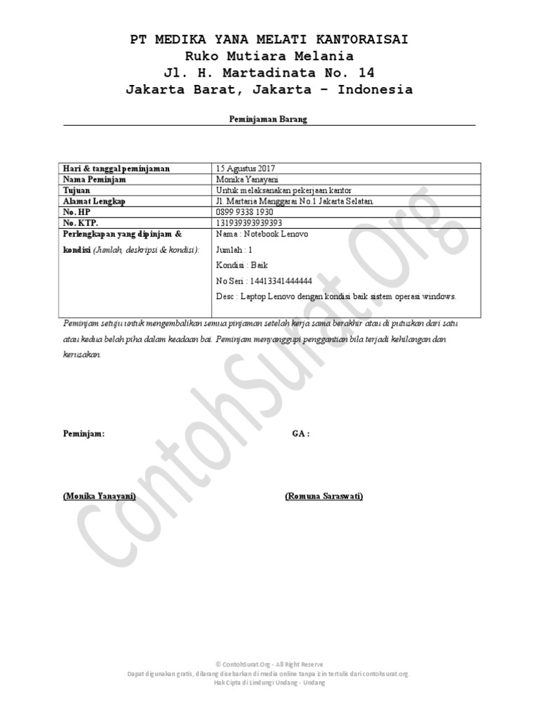 Contoh Form Peminjaman Barang Inventaris Kantor 01 | PDF