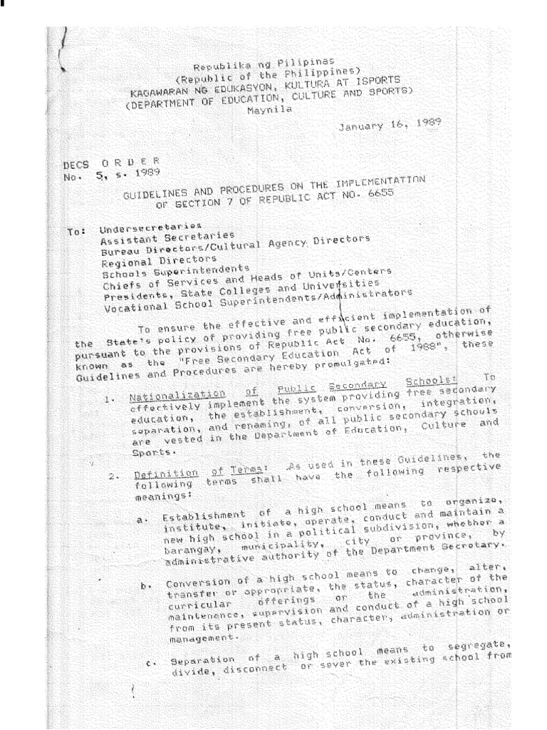 DECS ORDER 5 S. 1989 | PDF