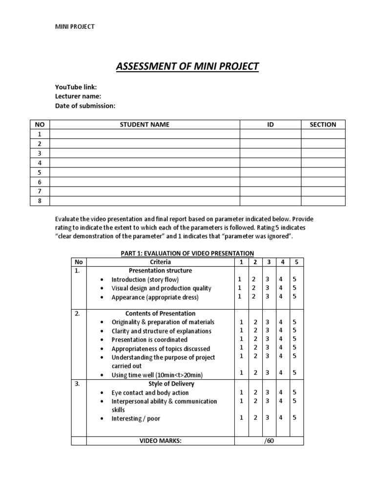 Mini Project Assessment Form (Video Presentation and Final Report) | PDF