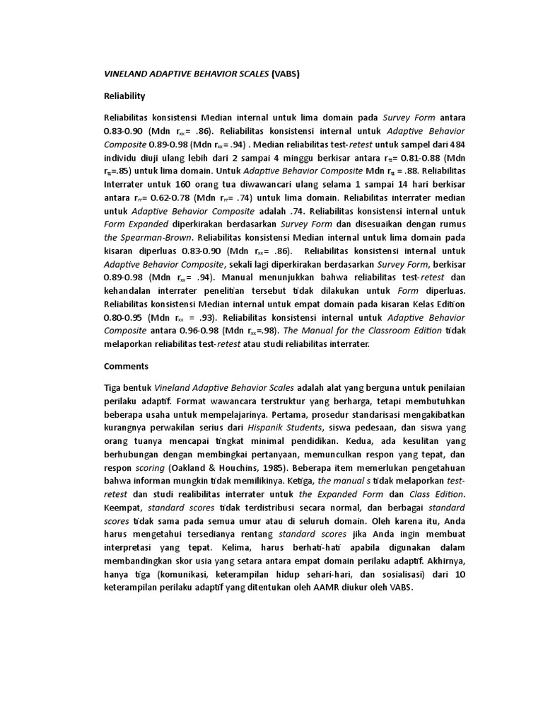 Vineland Adaptive Behavior Scales Vabs | PDF