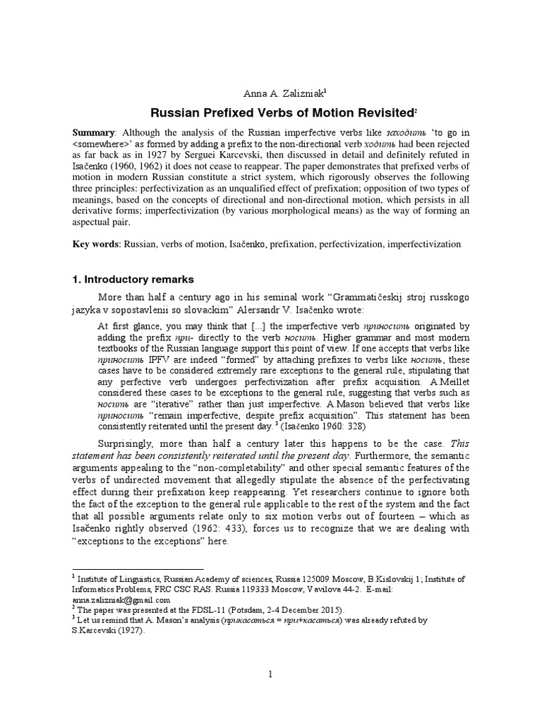 Russian Prefixed Verbs of Motion Revisit | PDF
