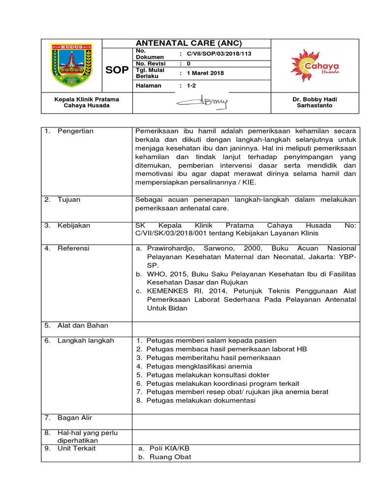 Sop Antenatal Care (Anc) | PDF