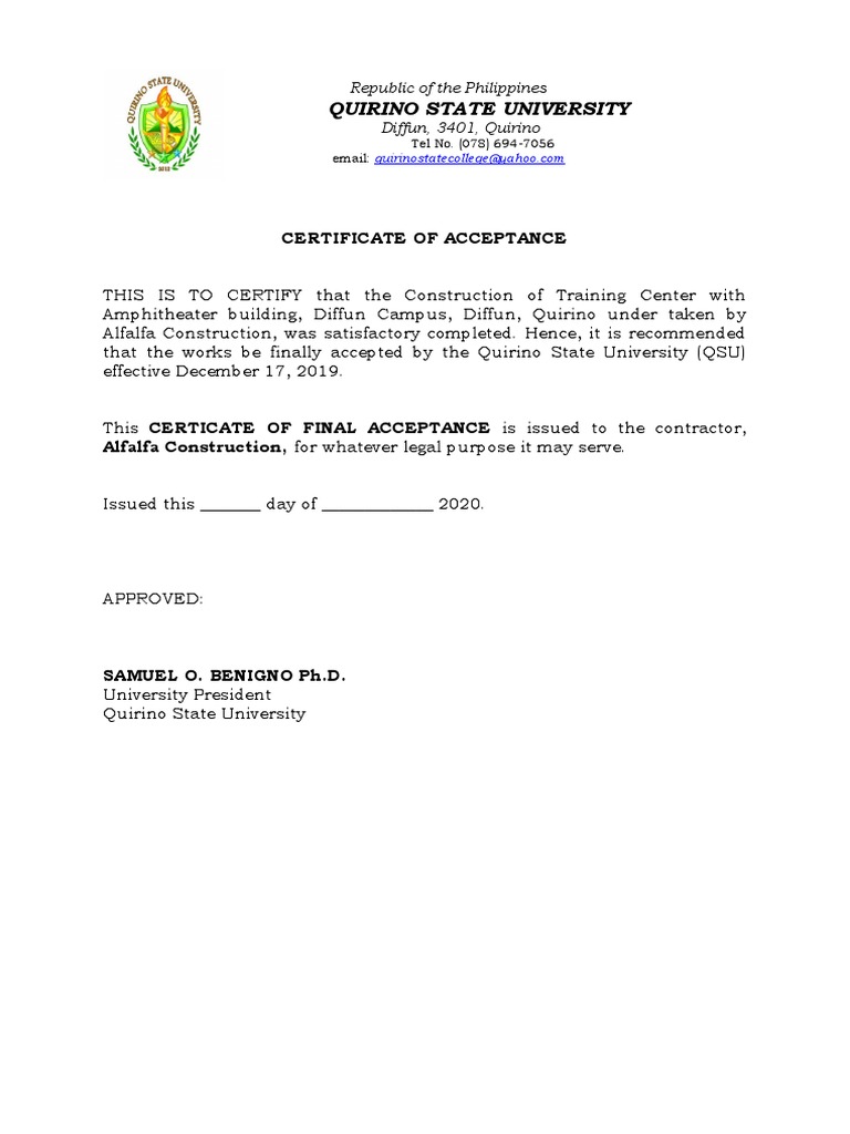 Certificate of Final Acceptance - SC | PDF