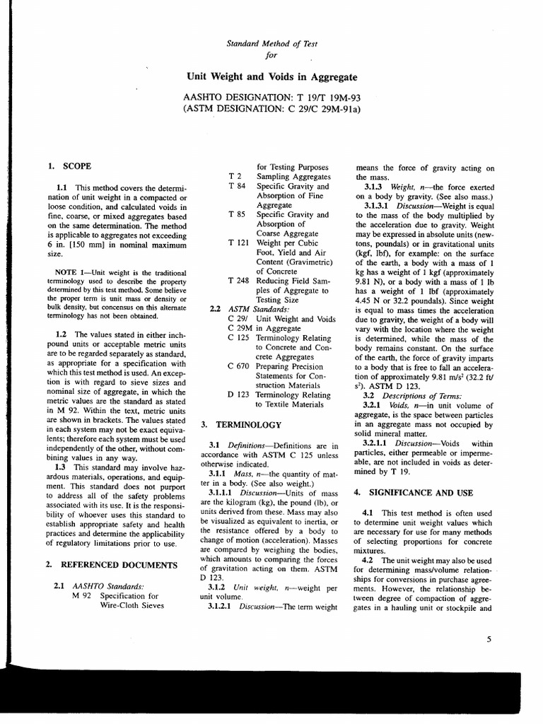 T 019M-93 Unit Weight and Voids in Aggregate PDF | PDF