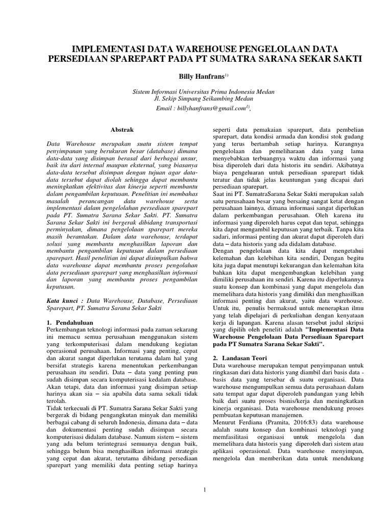Implementasi Data Warehouse Pengelolaan Data Persediaan Sparepart | PDF | Bisnis | Komputer
