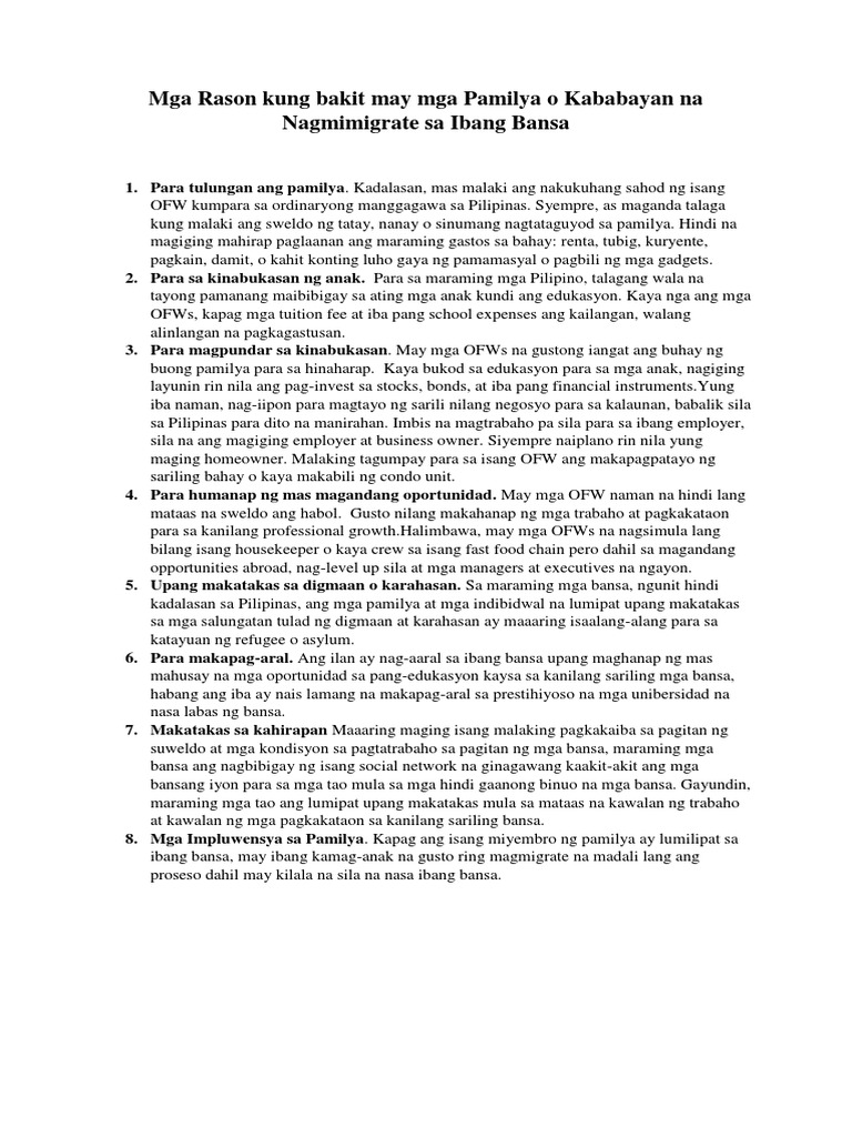 Mga Rason Kung Bakit May Nagmimigrate | PDF
