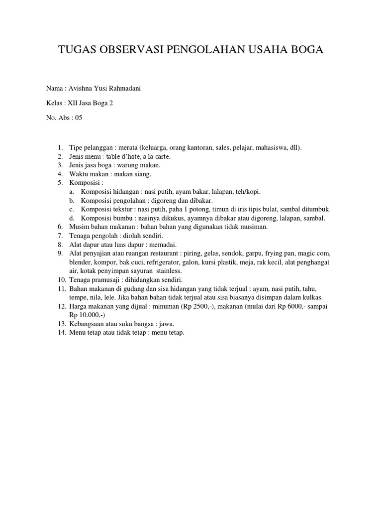 Tugas Observasi Pengolahan Usaha Boga | PDF