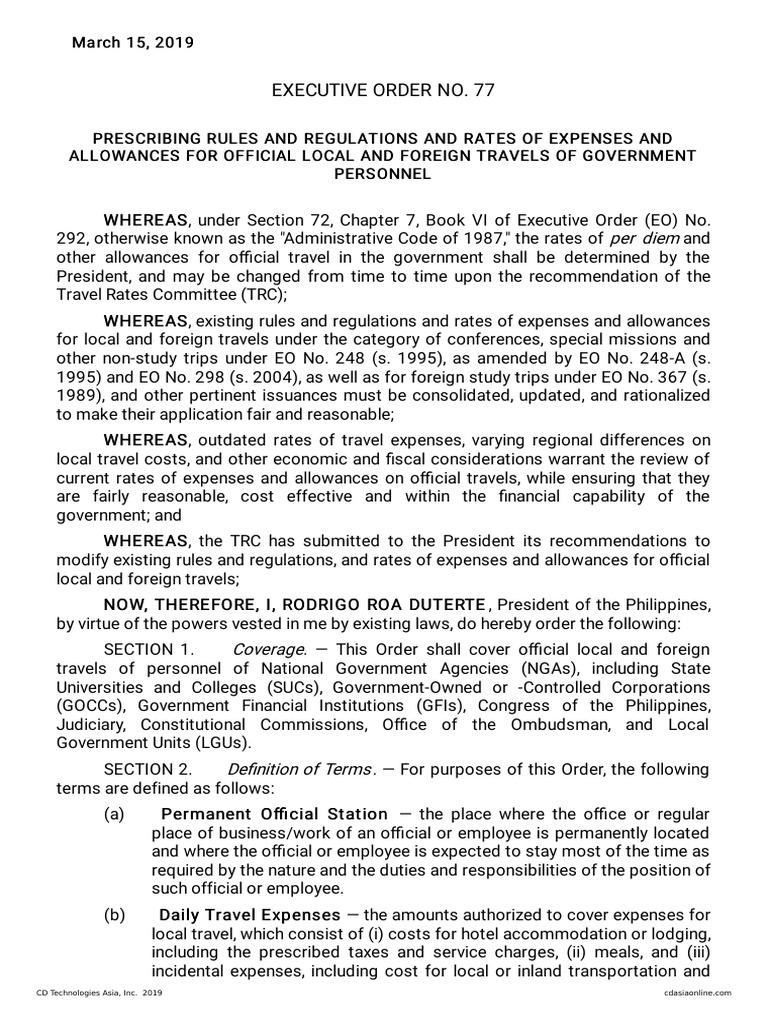 EO 77: Travel Allowance Guidelines | PDF | Business | Social Science