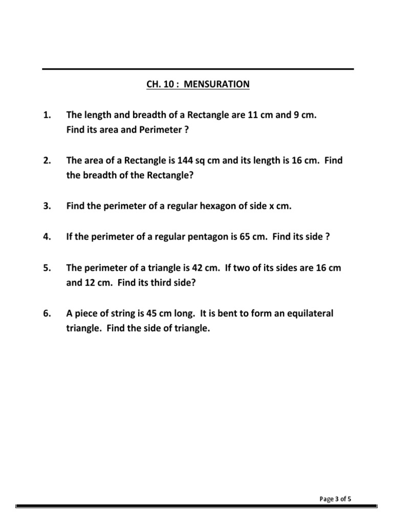 CBSE Class 6 Mensuration Worksheet | PDF
