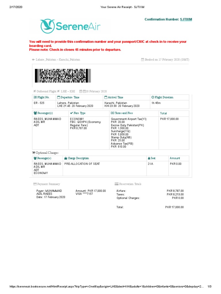 Your Serene Air Receipt - SJTIXM | PDF