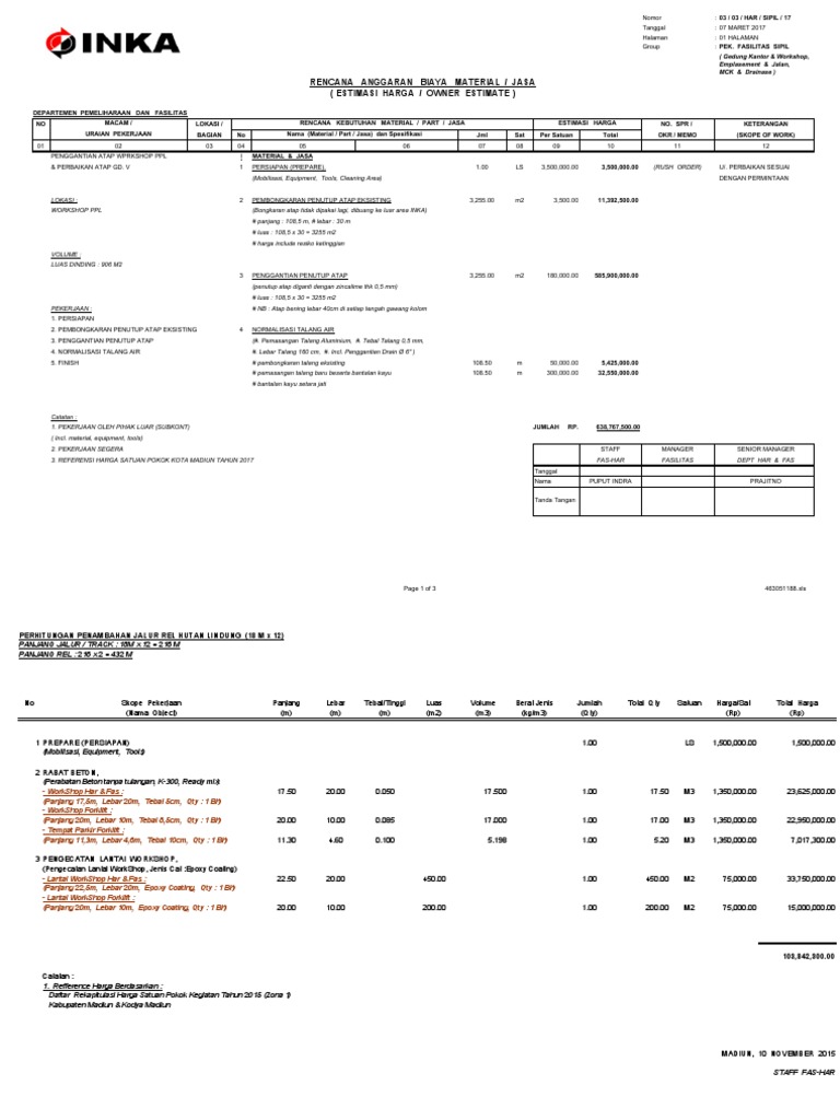 Rab Penggantian Atap Workshop PPL & Perbaikan Atap Gd. V | PDF