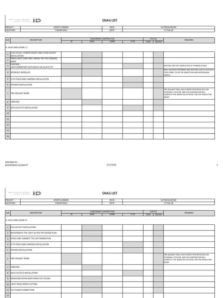 MEP Snag List Tawar | PDF
