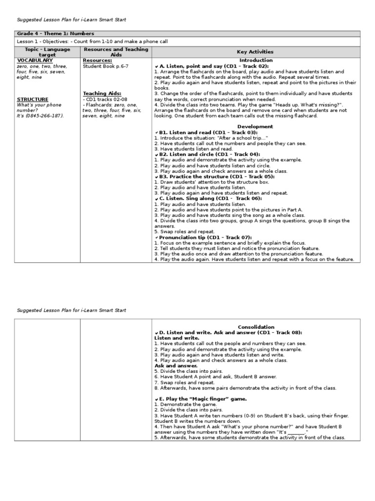Smart Start Grade 4 - T1L1 - Lesson Plan | PDF