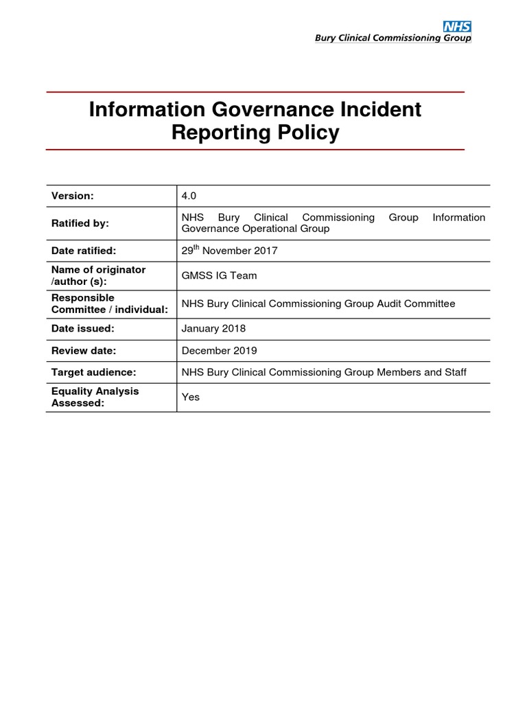 Bury CCG Information Governance Incident Reporting Policy V4.0 | PDF