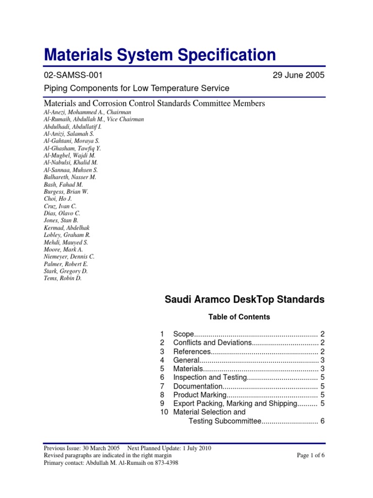 SAMSS-001: Low Temp Piping Standards | PDF