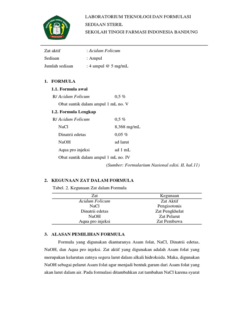 STANDARISASI FORMULA ASAM FOLAT INJEKSI | PDF