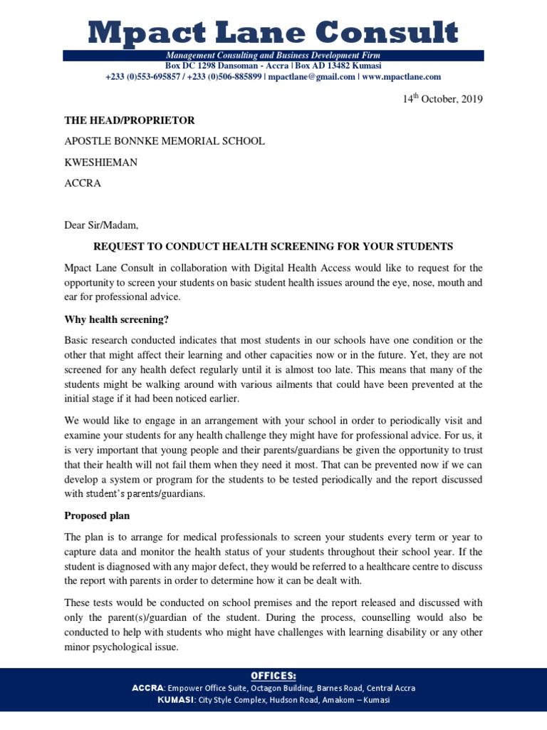 Request For Health Screening Letter - Apostle Bonnke Memorial School | PDF