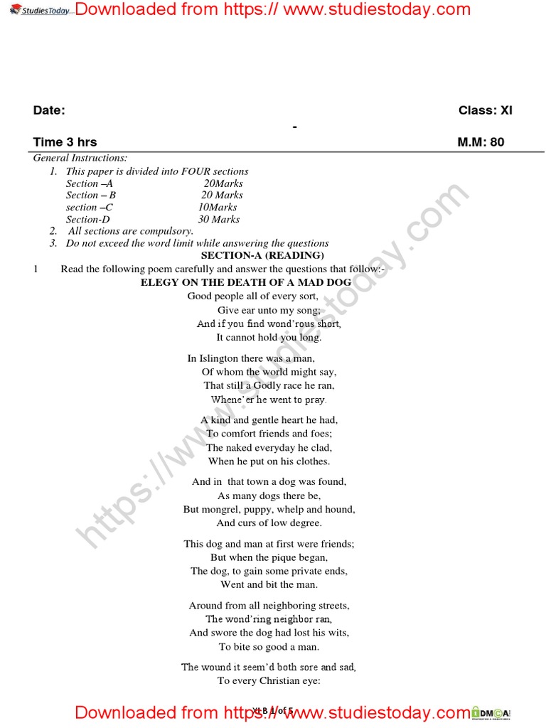 CBSE Class 11 English Question Paper Set S | PDF