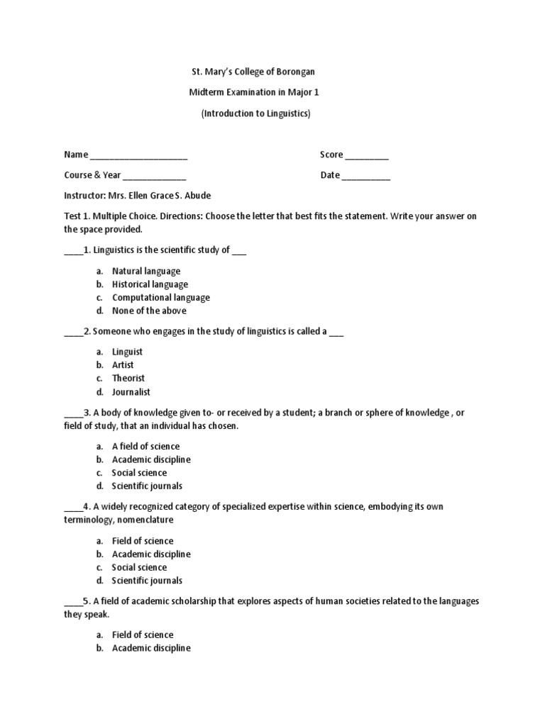 Midterm Exam: Introduction to Linguistics | PDF | Language Arts ...