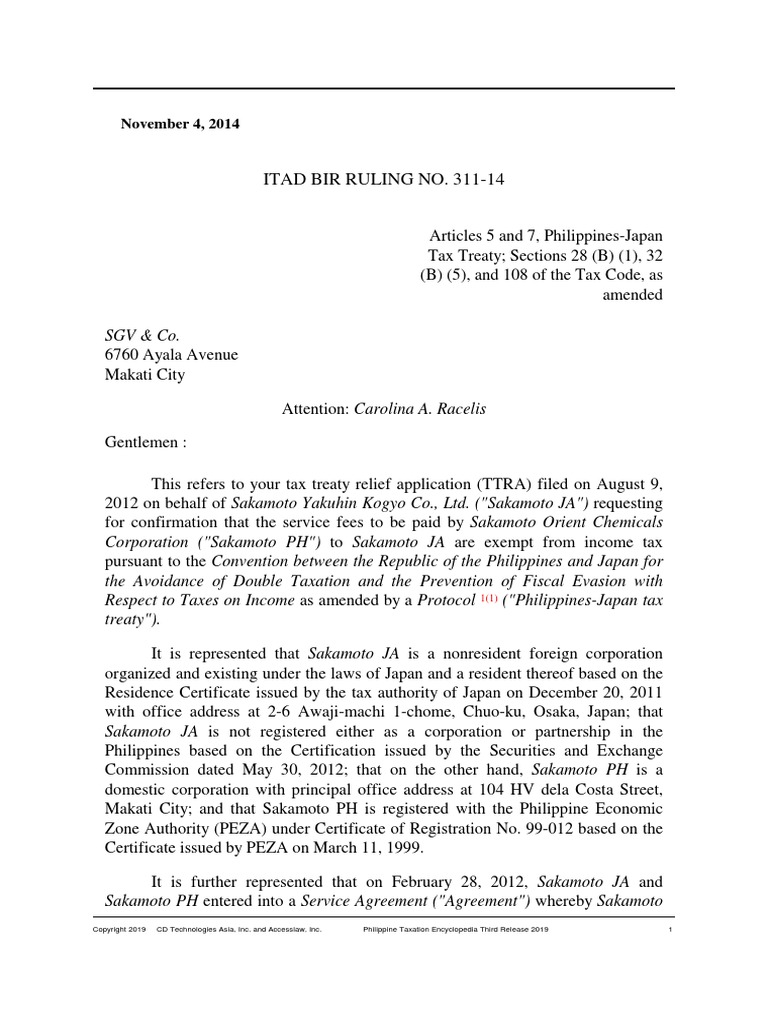 ITAD BIR Ruling No. 311-14 | PDF