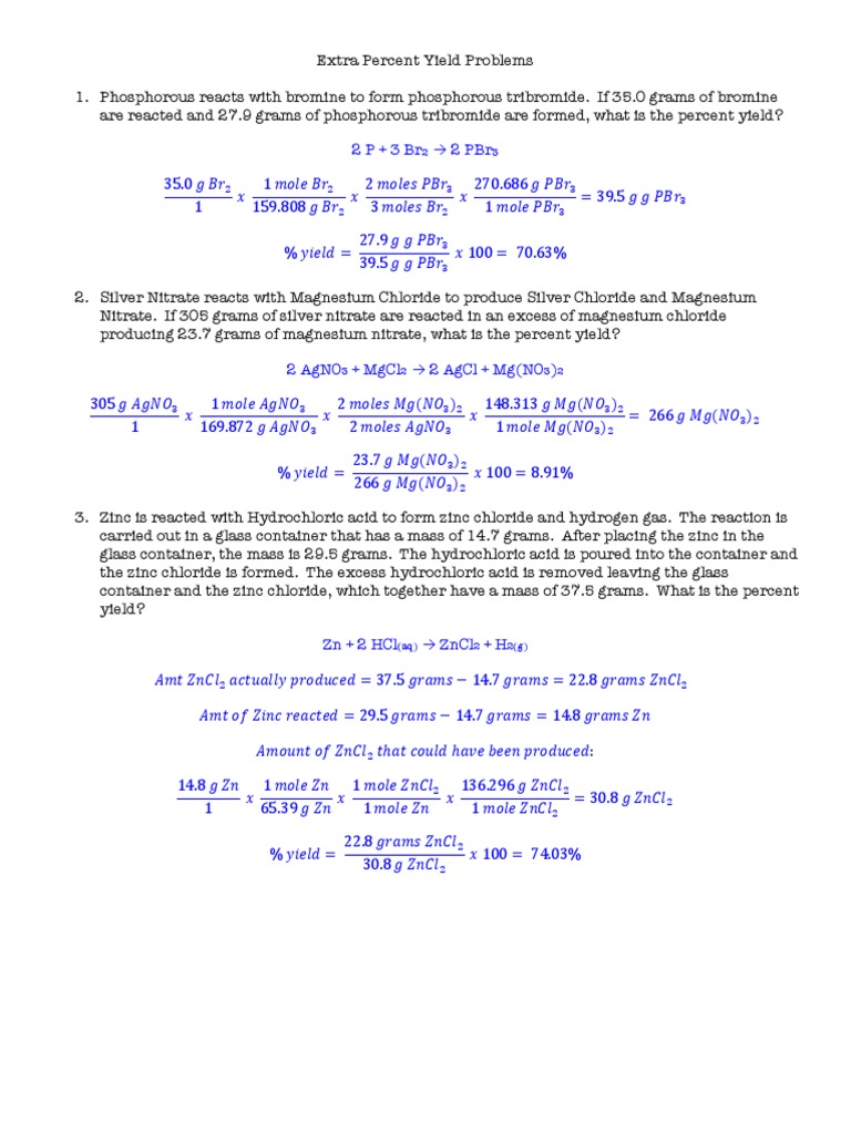 Extra Percent Yield Problems Answers | PDF
